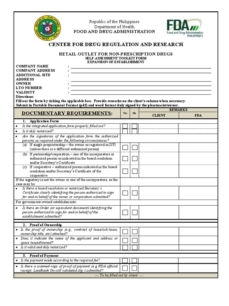 RONPD SATK Form Expansion of Establishment 1.3 | PDF | Food And Drug ...