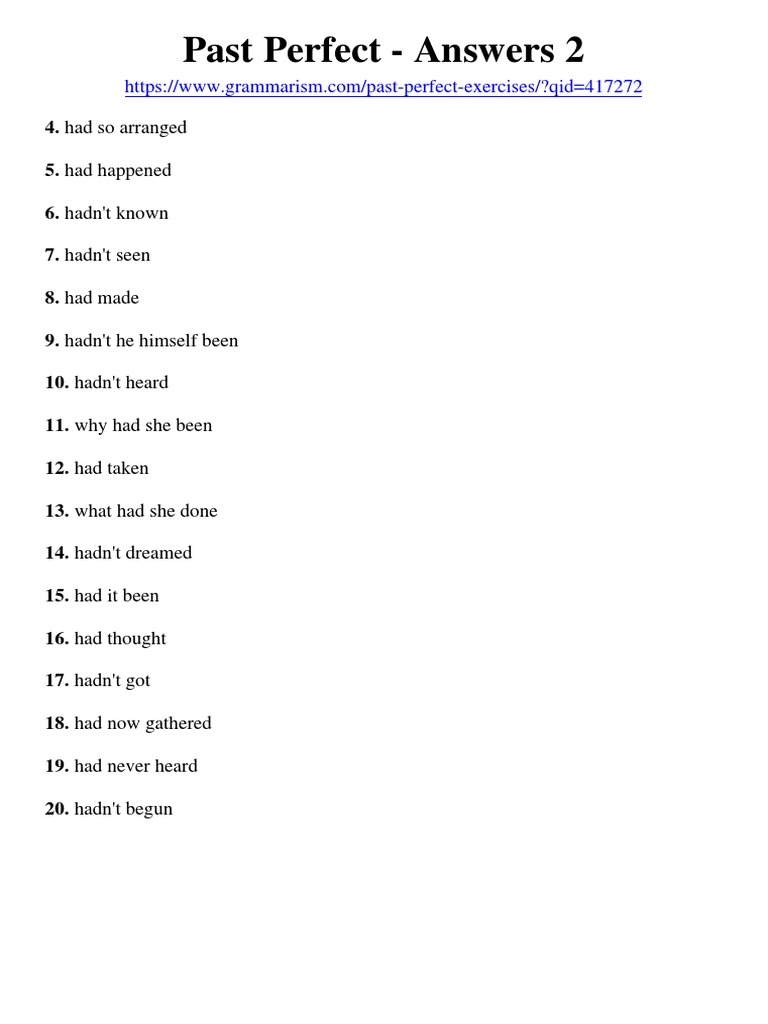 Grammarism Past Perfect Test 2 Answers 2252522 | PDF | Cooking, Food ...