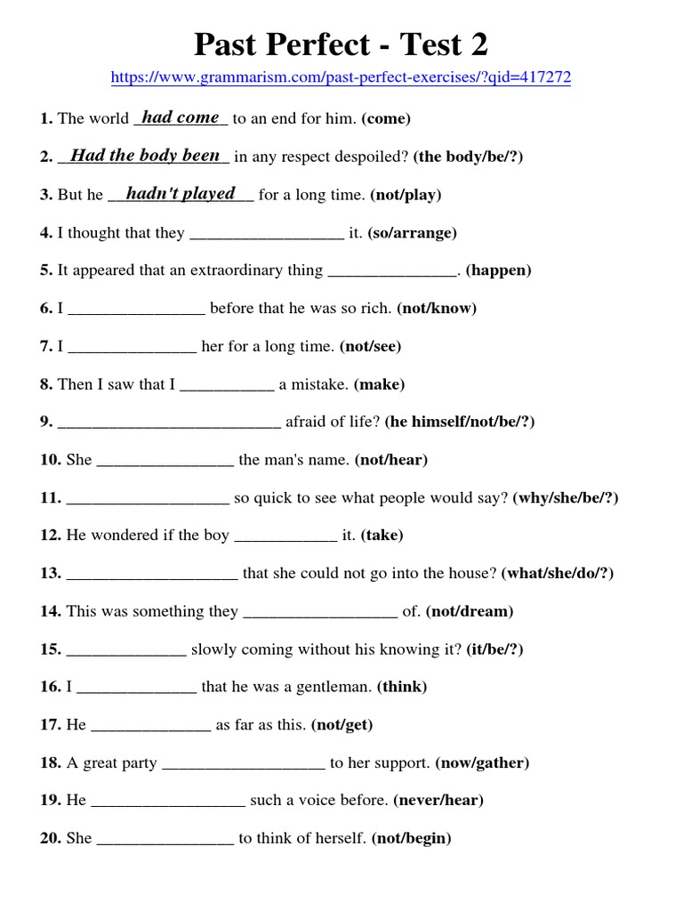 Past Perfect Tense Practice Quiz | PDF | Games & Activities | Language ...