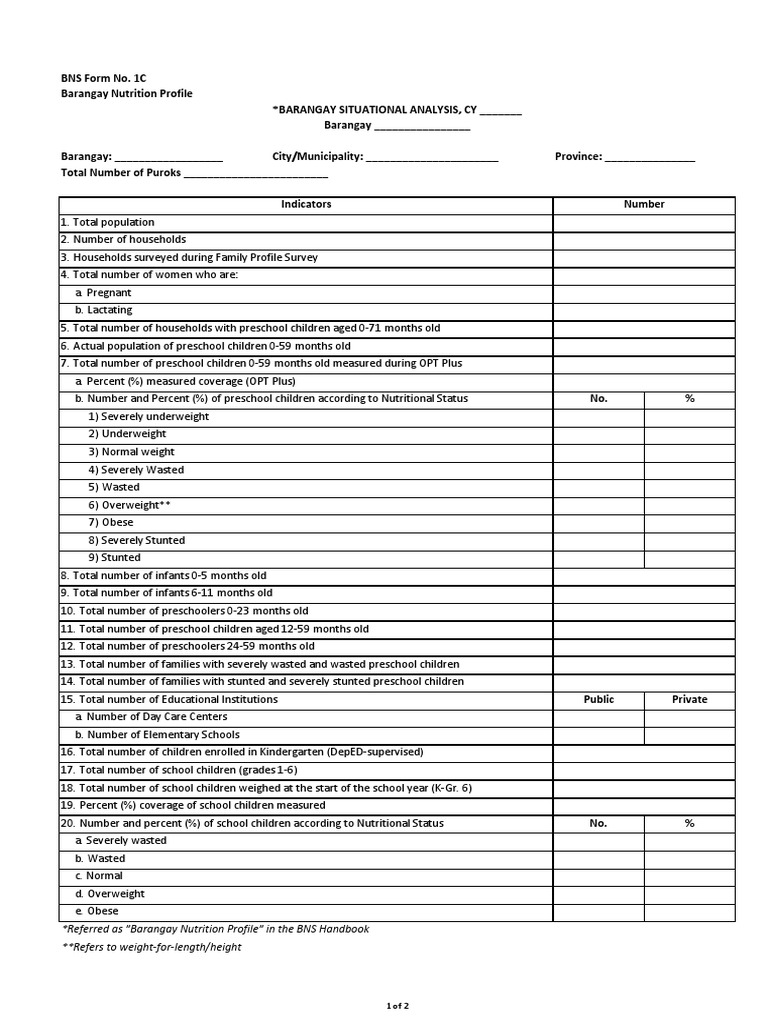 4 BNS Form No. 1C Barangay Situational Analysis 3 Copies | Download Free PDF | Body Mass Index ...