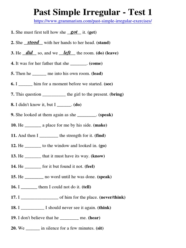Irregular Verbs Test - Past Simple | PDF