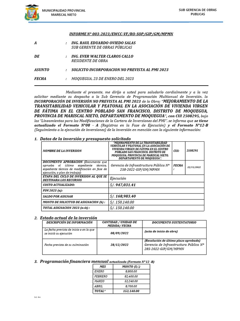 Informe #003 - Incorporacion No Prevista | PDF