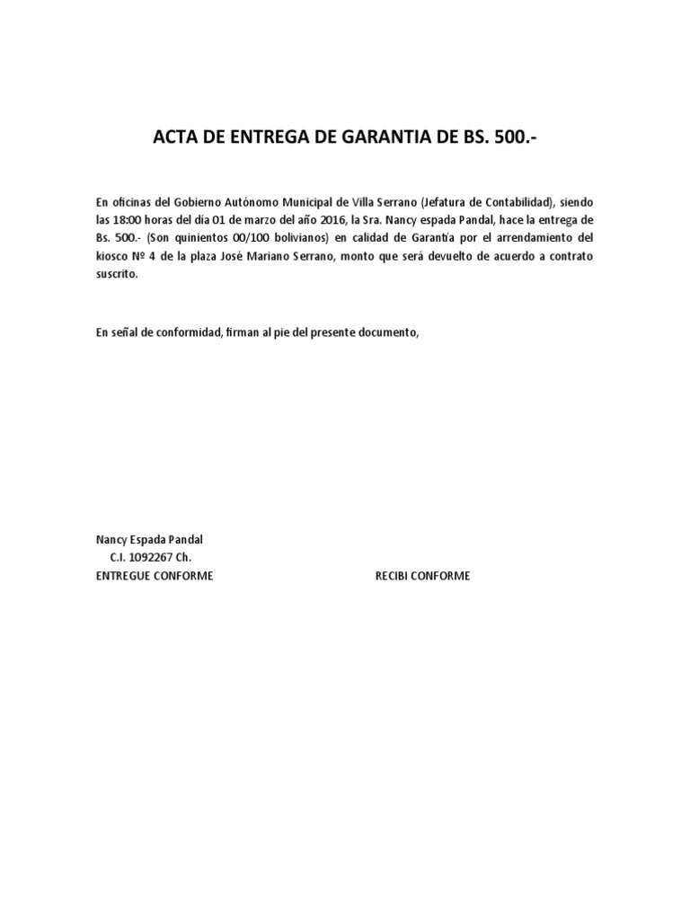 Acta de Entrega de Garantia de BS | PDF