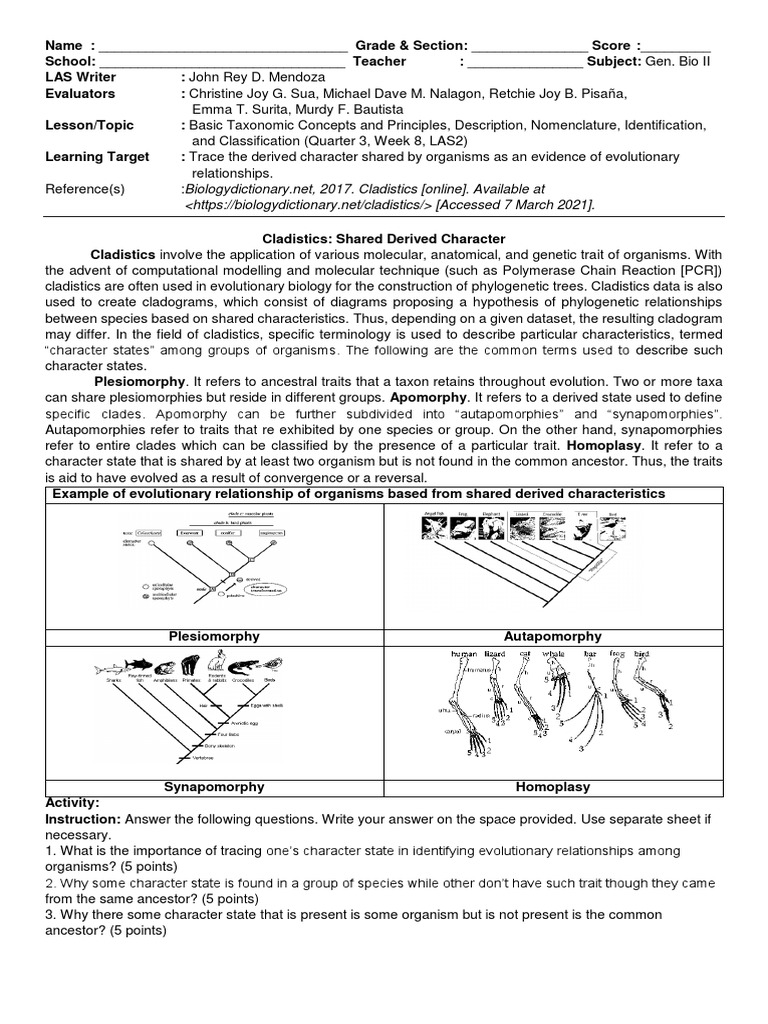 Q3 - WEEK 8 - LAS-2-Cladistics-Shared Derived Character | PDF ...