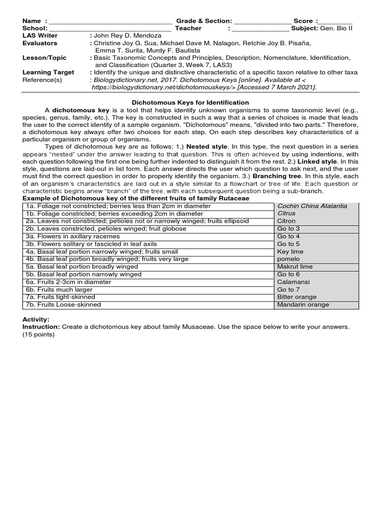 An Explanation and Example of Using a Dichotomous Key for Organism ...