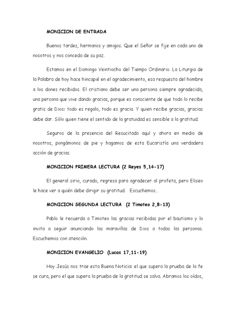 Monicion de Entrada Misa 09 Octubre | PDF | Misa (liturgia) | eucaristía
