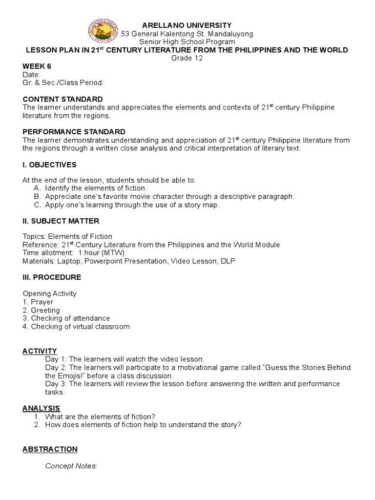 Elements of Fiction Lesson Plan | PDF | Narration | Learning
