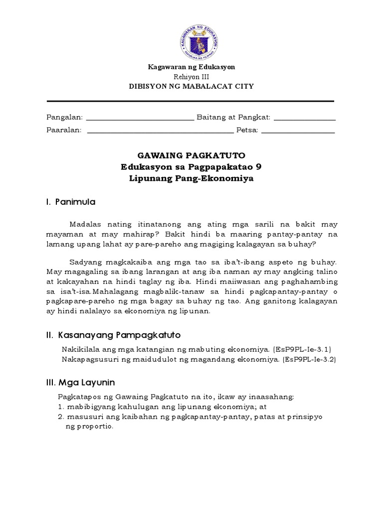 ESP9 Q1 Wk5 Lipunang Pang Ekonomiya EVALUATED | PDF