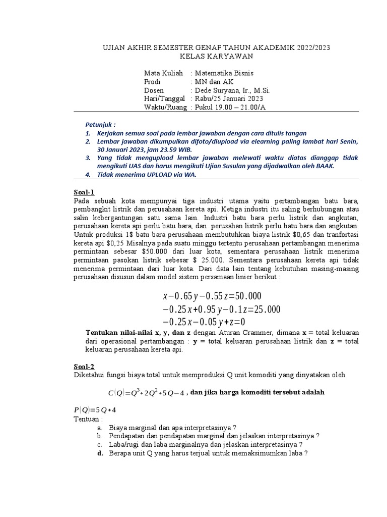 UAS Mat-Bisnis Jan 2023 | PDF | Metode & Bahan Ajar | Teknologi & Rekayasa
