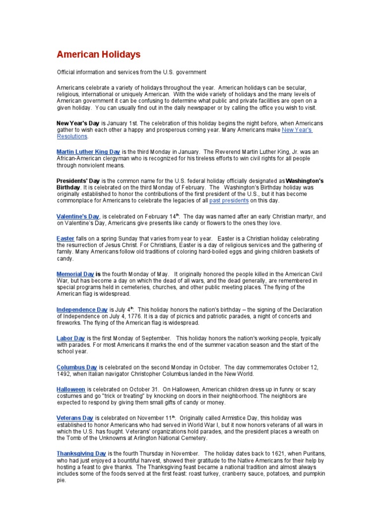 Overview of American Holidays | PDF | Easter | Independence Day (United ...