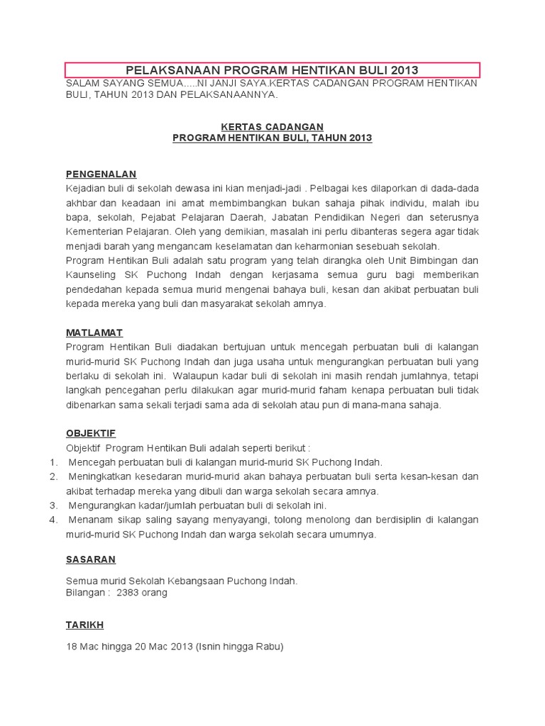 Contoh Kertas Kerja Buli | PDF