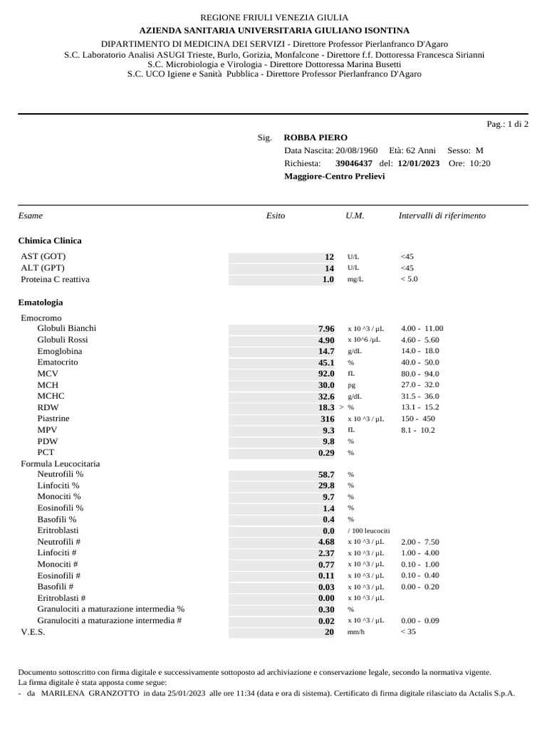 Esame Esito U.M. Intervalli Di Riferimento: U/L U/L MG/L | PDF