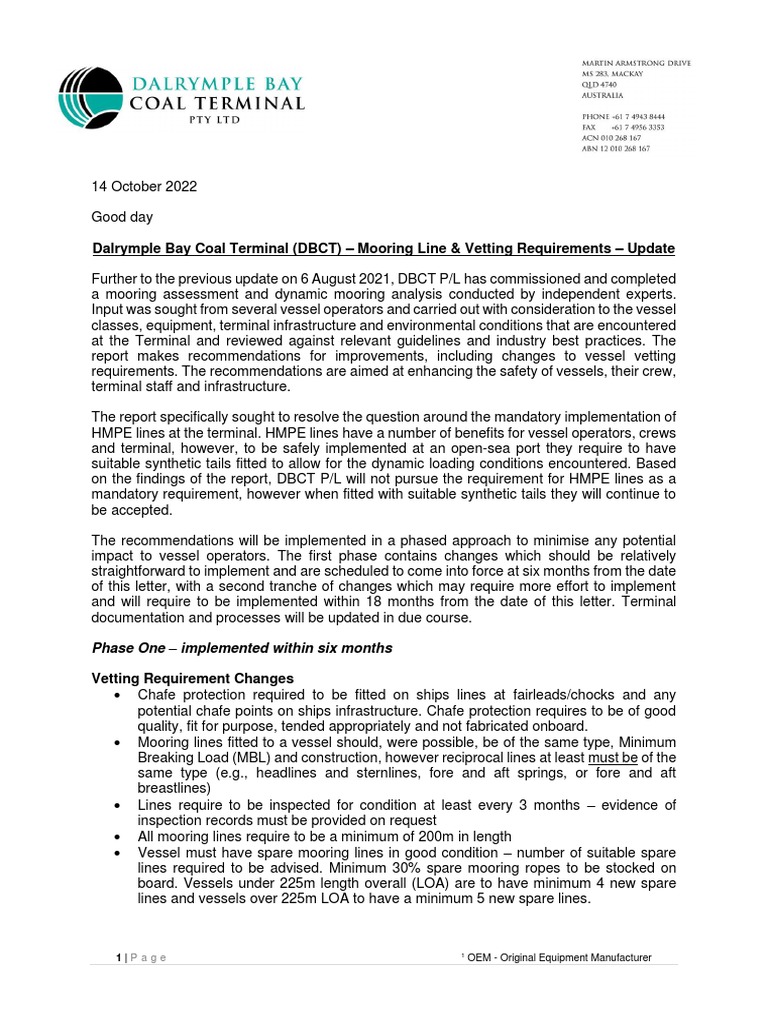 Mooring Line and Vetting Requirements - Update - 14 Oct 2022 | PDF ...