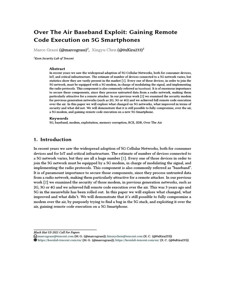 Us 21 Over The Air Baseband Exploit Gaining Remote Code Execution On 5G ...