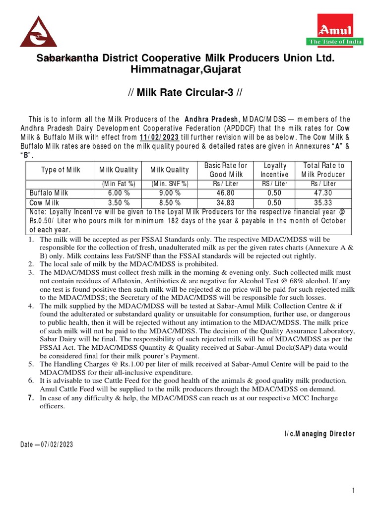 Milk Rate Circular Andhra Pradesh 11.02.2023 | PDF | Milk | Dairy