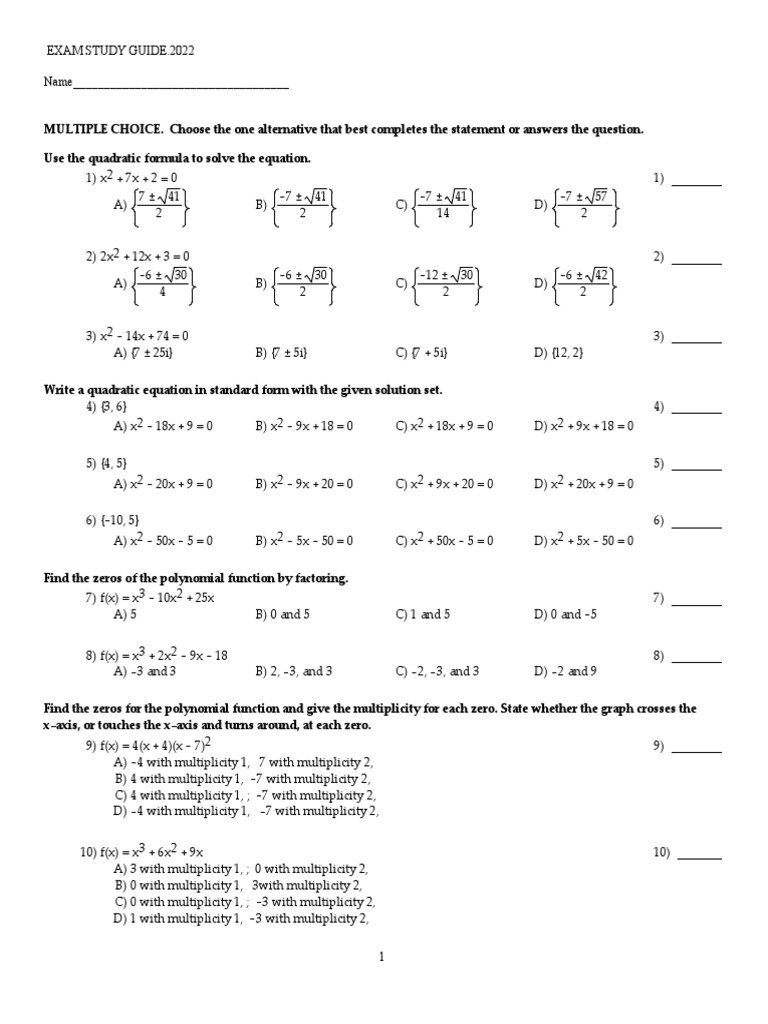 Exam Study Guide 2022: Quadratics & Functions | PDF | Quadratic ...
