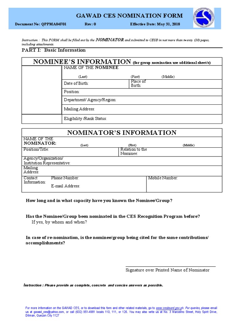 Revised Gawad CES Nomination Form With Group | PDF | Career & Growth ...