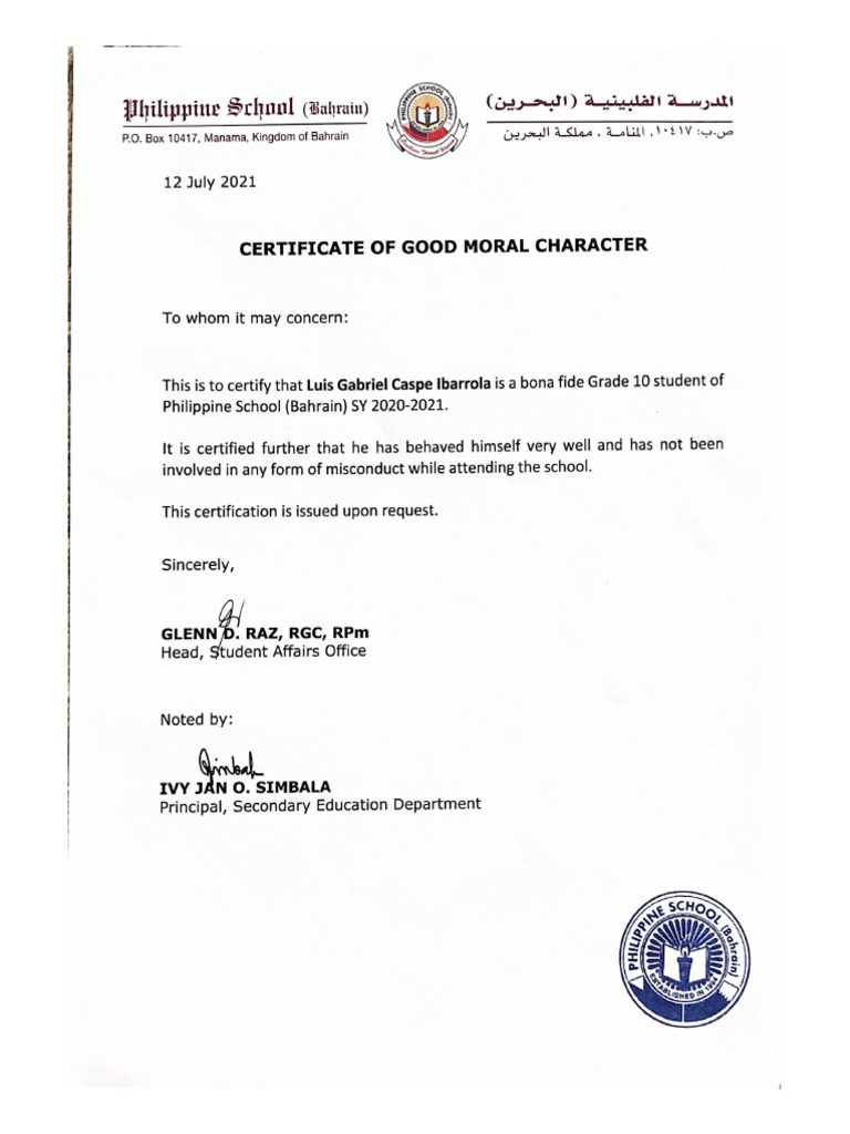 Certificate of Good Moral Character | PDF