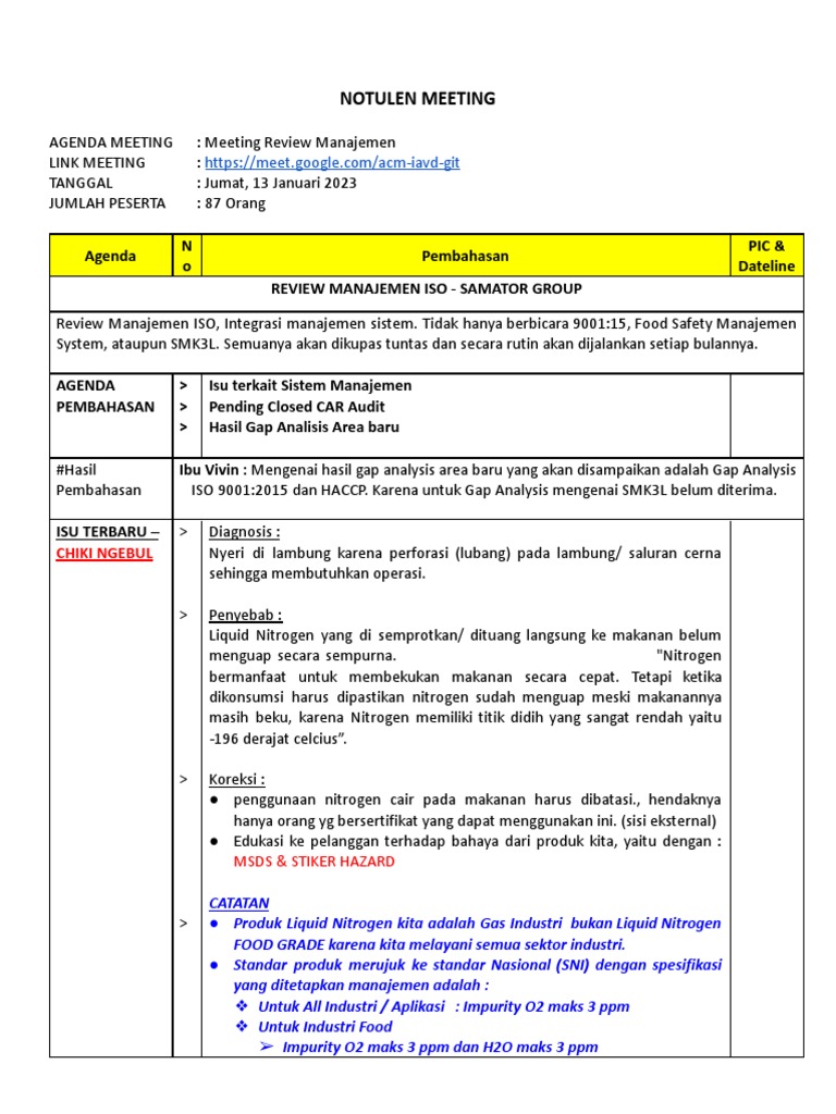 13 Januari 2023 - Notulen Meeting Review Manajemen Januari 2023 | PDF