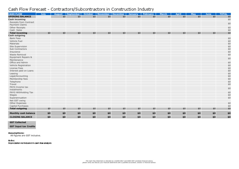 Cashflow Template For Construction Industry | PDF | Payments | Money