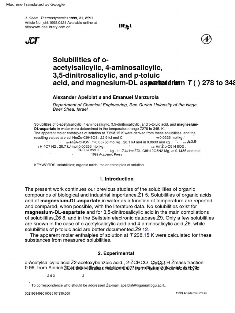 Apelblat 1999 | PDF | Solubility | Acid