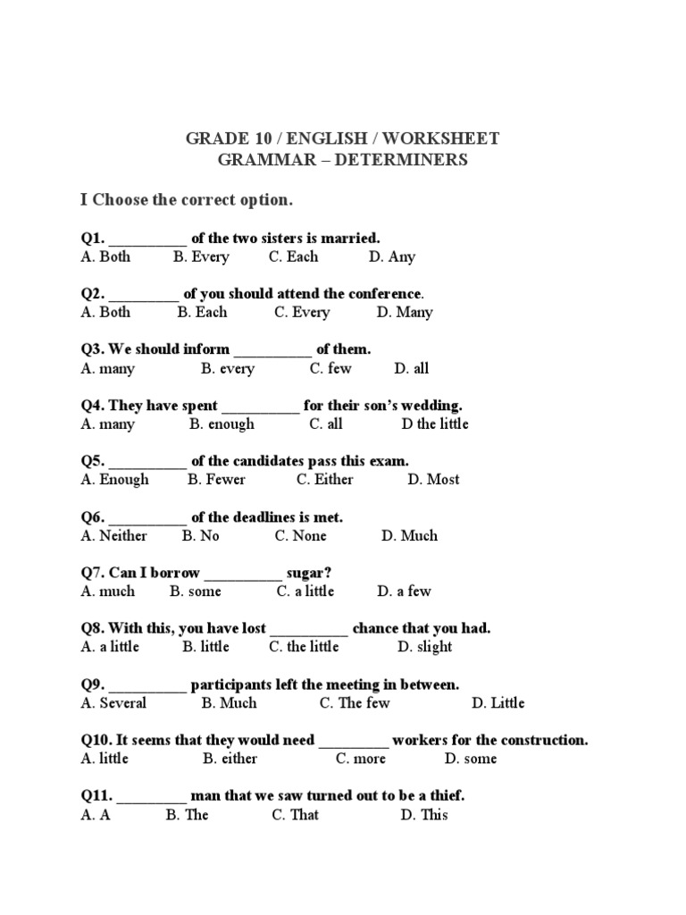 Grade 10 Grammar Worksheet on Determiners | PDF