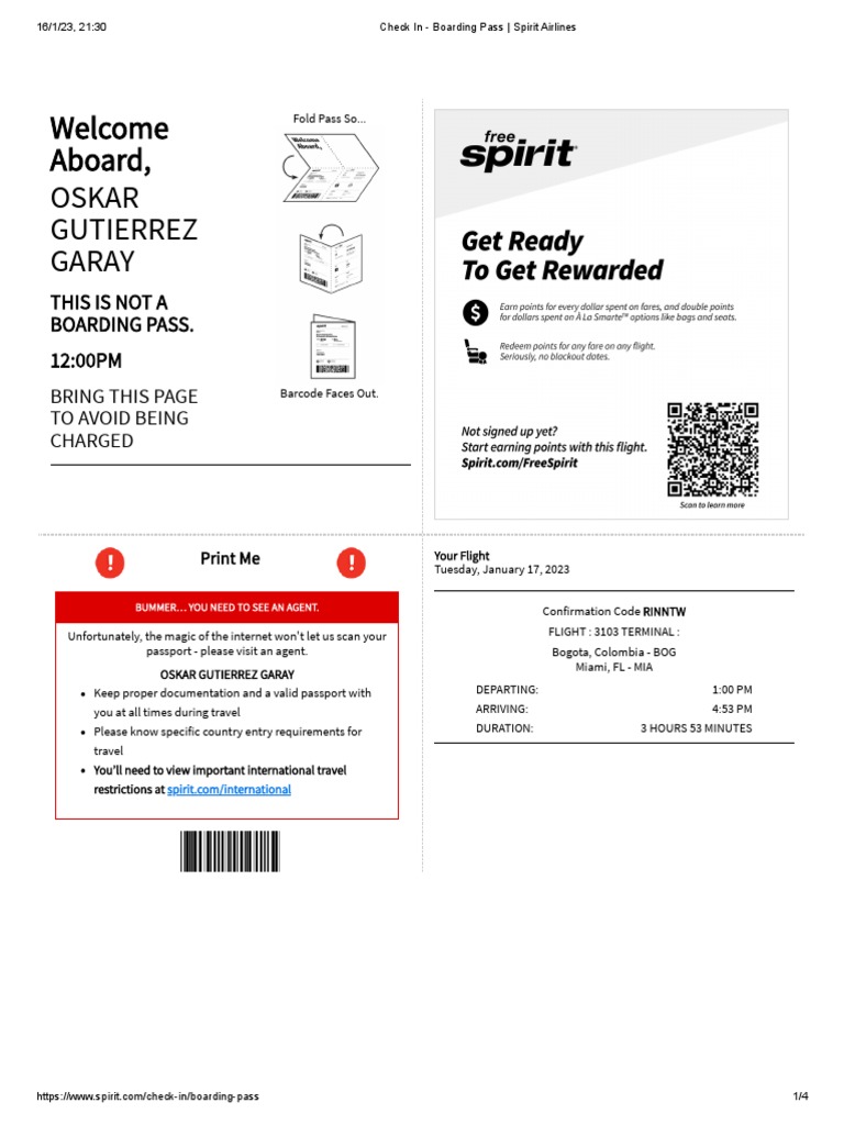 Check in - Boarding Pass - Spirit Airlines | PDF | Passport ...