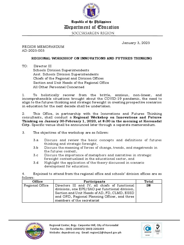 Region Memorandum Ad-2023-003 Regional Workshop on Innovations and ...