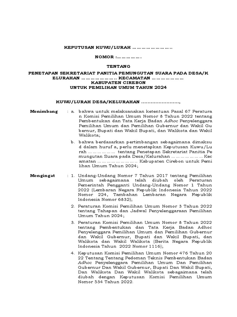 Form SK Kuwu Atau Lurah Sekretariat Pps Pemilu 2024 | PDF