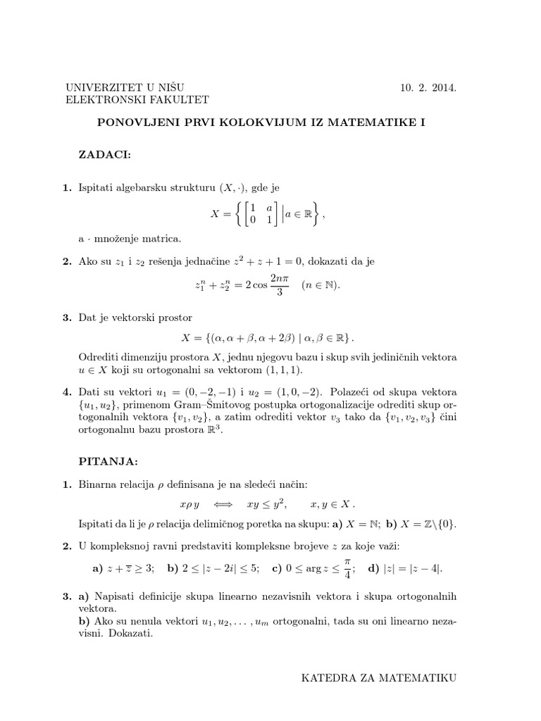 Matematika 1 1 Kol 2014 | PDF