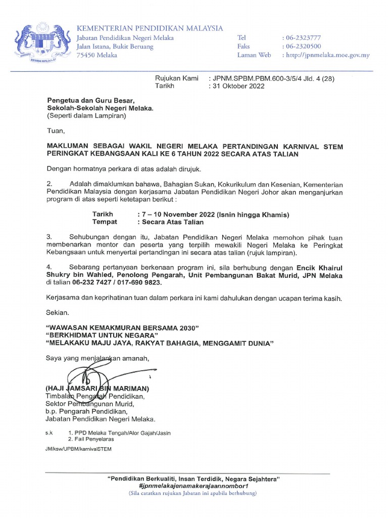 Makluman Sebagai Wakil Negeri Melaka Pertandingan Karnival Stem ...