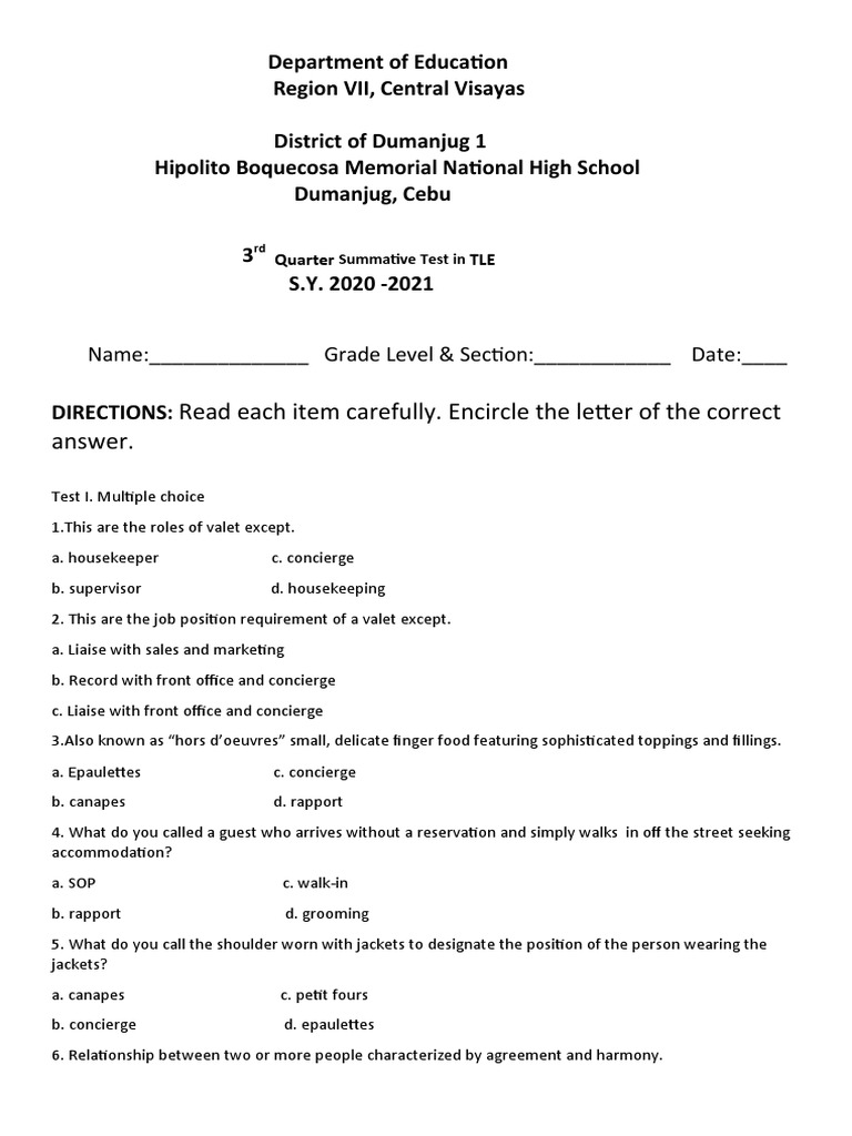 Provide Valet Services To Guest - Question and Answer Key | PDF ...