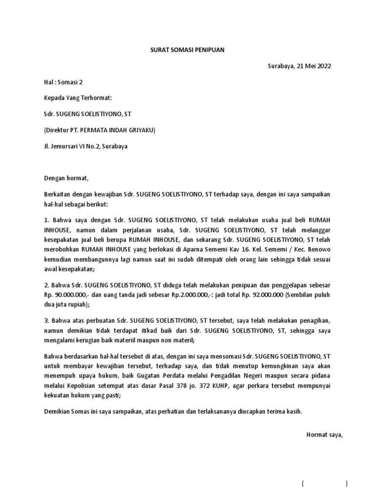 Surat Somasi Penipuan | PDF
