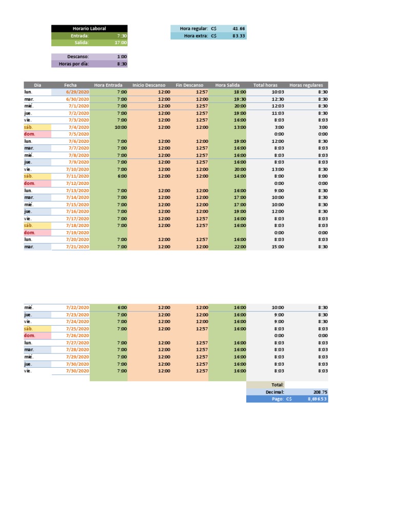 Calcular Horas Extras en Excel | PDF