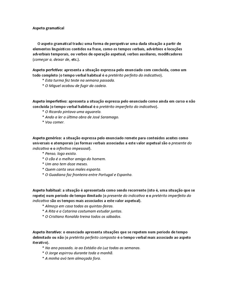 Aspeto Gramatical - Docxexplicação 12º Ano | PDF | Tipologia ...