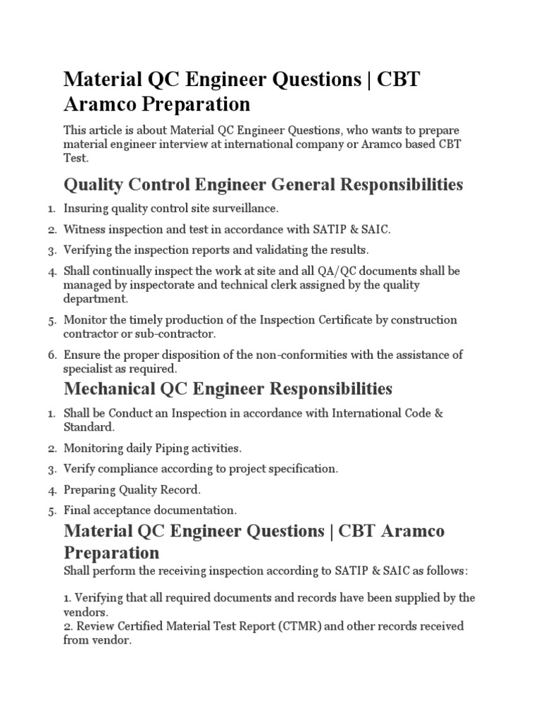 Quality Control Engineer General Responsibilities | PDF | Pump | Pipe ...