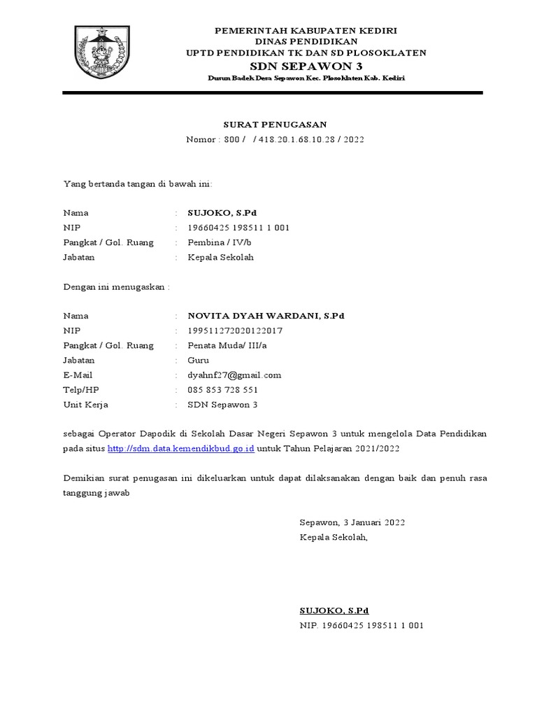 SK Operator Dapodik Dan Operator BOS SDN Sepawon 3 | PDF