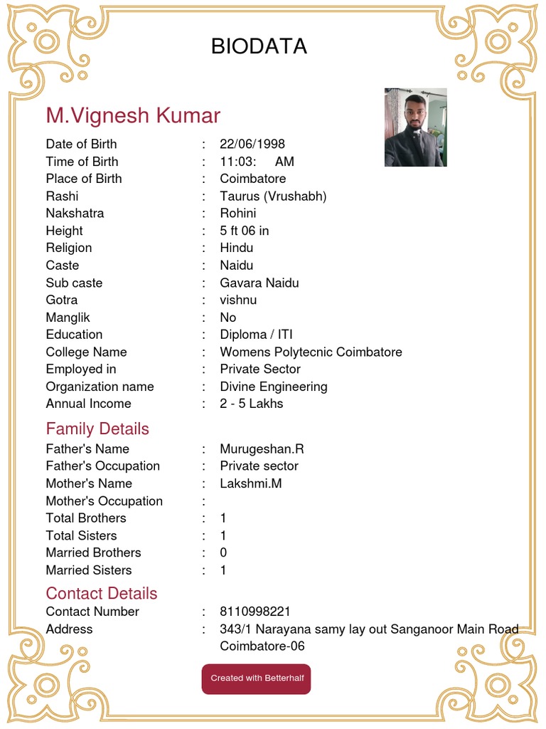 Vignesh Kumar Bio-Data | PDF