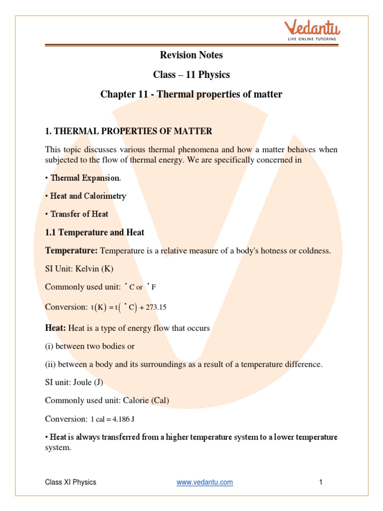 Class 11 Physics Revision Notes Thermal Properties of Matter | PDF ...