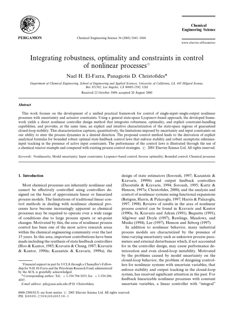 Integrating Robustness, Optimality Andconstraints in Control of Nonlinear Processes | PDF ...