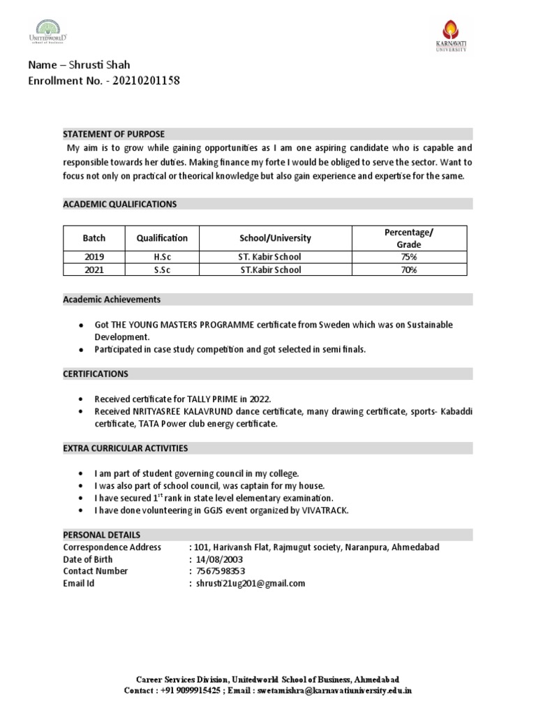 Uwsb Sip Resume Format | PDF