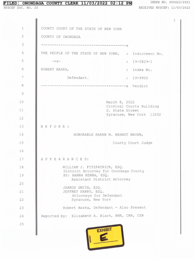 Baska V DA William Fitzpatrick Et Al. Acquittal Transcript (Index No ...