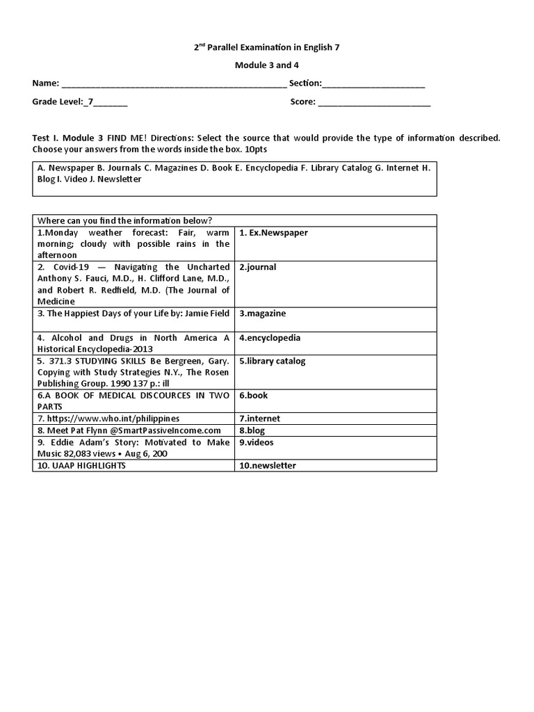 2nd Parallel Examination in English 7 PART I | PDF