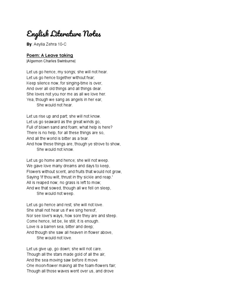 English Literature Notes A Leave Taking | Download Free PDF | Poetry ...