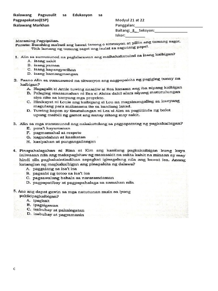 Esp 8 2ND Parallel Assessment Quarter 2 and Performance Task Part I | PDF