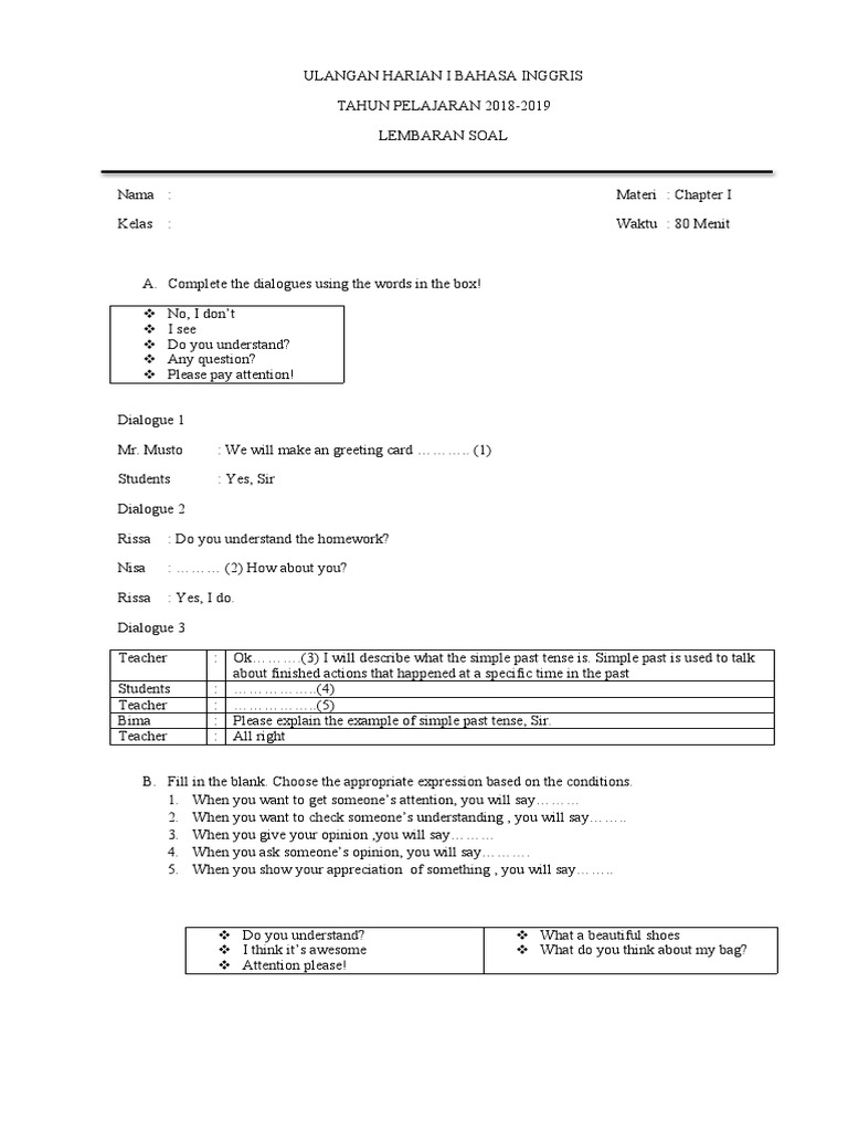 Ulangan Harian Bahasa Inggris KLS 8 Sem I | PDF | Linguistics