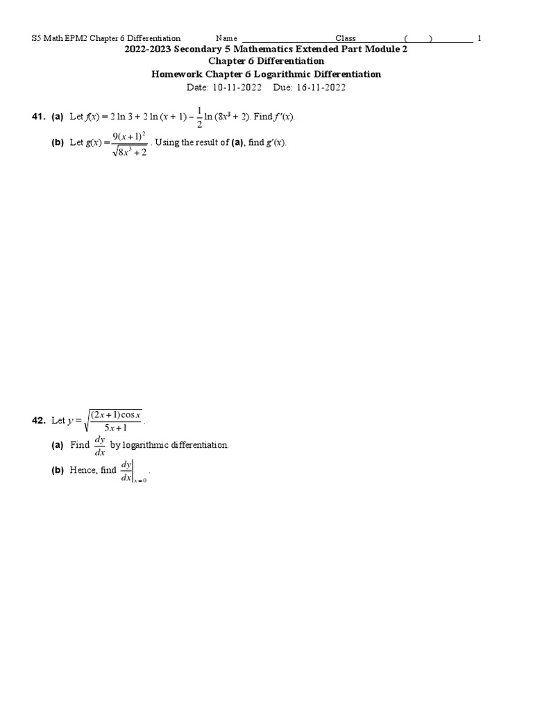 Homework Chapter 6 Logarithmic Differentiation | PDF | Subtraction | Rates