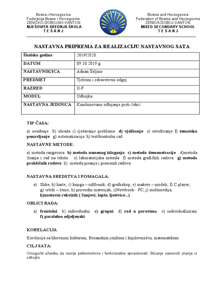 Nastavna Priprema Prema Odbojka | PDF