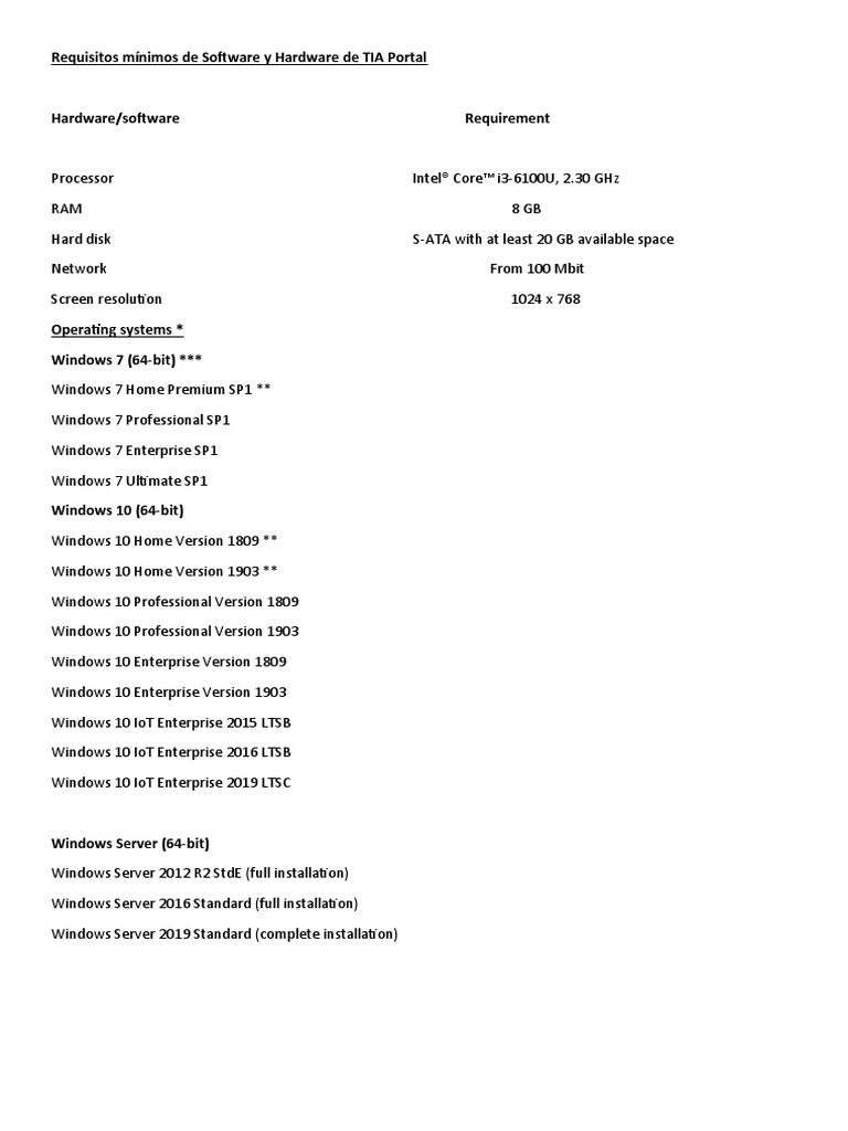 Requisitos Mínimos de Software y Hardware de TIA Portal | PDF | Computers | Technology & Engineering