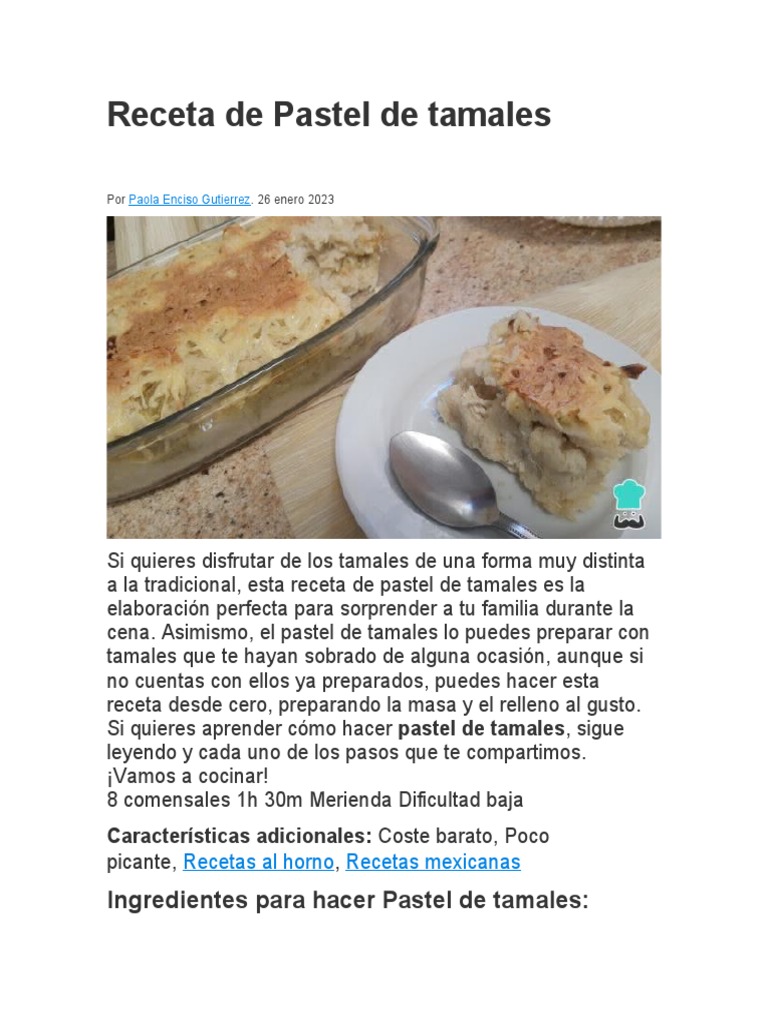 Receta de Pastel de Tamales | PDF | Alimentos | Ingredientes de comida